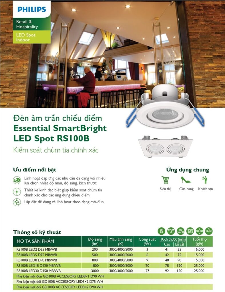 Đèn Spotlight Âm Trần Philips RS100B 9W Led8 D90